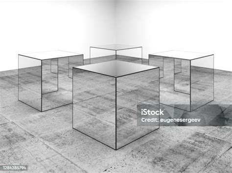 4 개의 거울 큐브는 흰색 방 내부에 서 3d 아트 거울에 대한 스톡 사진 및 기타 이미지 거울 입방체 상자 Istock