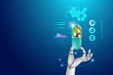 로봇 손 들고 보충 식품 비타민 캡슐 사람들의 웰빙을위한 건강 식품 과학 혁신 기술을위한 영양 알약을 보충하십시오 Supplemental Nutrition