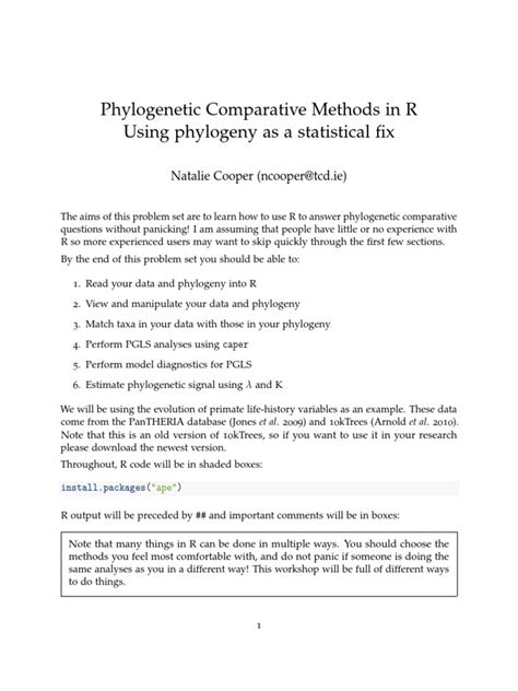 Phylogenetic Comparative Methods In R Using Phylogeny As A Statistical Fix Pdf Coefficient
