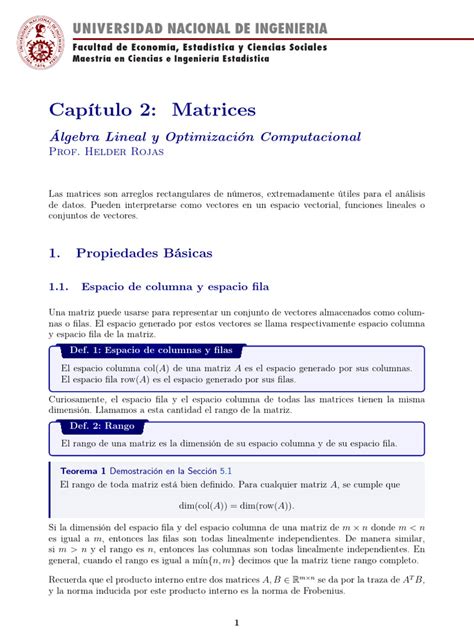 02 Matrices Notas De Clase Álgebra Lineal Y Optimización Computacional Mcies Fieecs Uni Pdf