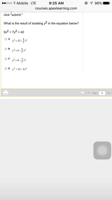 Solved What Is The Result Of Isolating Y2 In The Equation