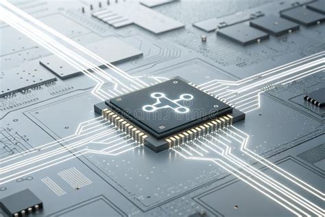 Network Technology Concept With Share Symbol On A Microchip White Neon