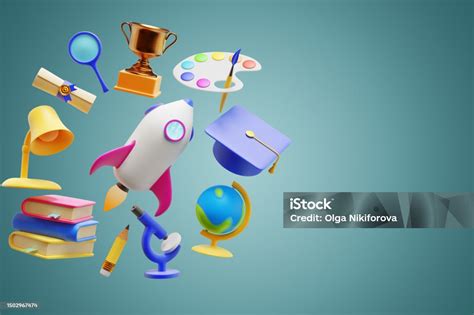 학교로 돌아 가기 로켓 및 교육 학습 요소 3d 렌더링 0명에 대한 스톡 사진 및 기타 이미지 0명 개념 개체 그룹