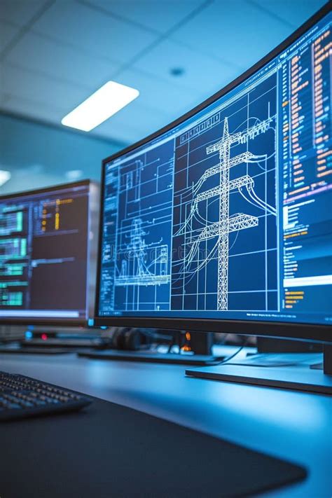 Professional Desktop Setup With A CAD Blueprint Of A Power Station And Transmission Grid