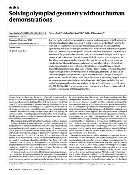 Alphageometry Solving Olympiad Geometry Without Human Demonstrations