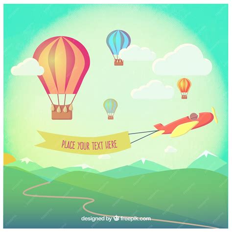 뜨거운 공기 풍선 및 배너와 함께 비행기 무료 벡터