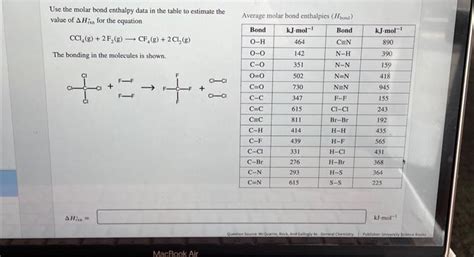 Solved Use The Molar Bond Enthalpy Data In The Table To
