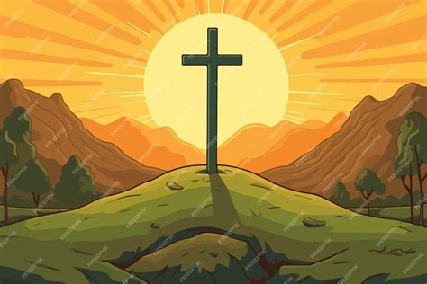태양이 뒤에 있는 언덕 위의 십자가의 만화 그림 프리미엄 사진