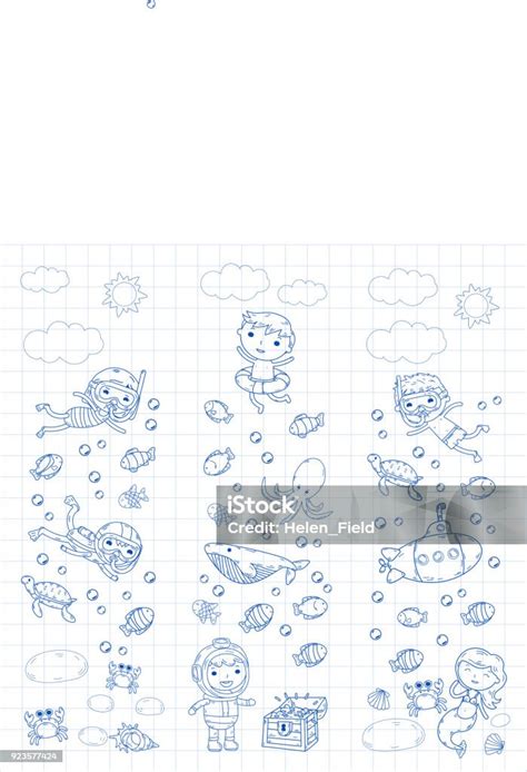 수 중 워터 파크 아이 바다와 바다 모험입니다 여름입니다 아이 그림입니다 낙서 이미지입니다 아이 들과 함께 만화 생물입니다 남자와 여자 수영 거북이에 대한 스톡 벡터 아트