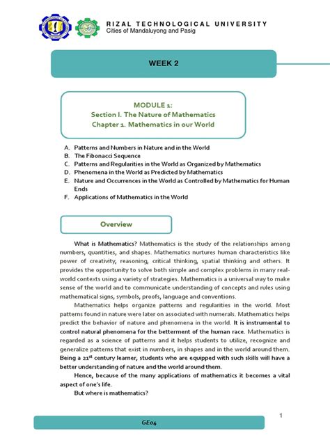 Module 1 Mathematics In Our World Pdf Pattern Mathematics