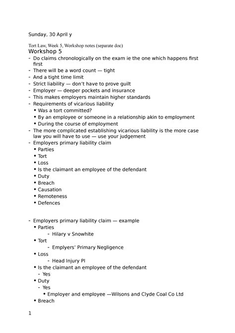 Tort Law Week 5 Workshop Notes Separate Doc In More Dangerous Working Environments It May