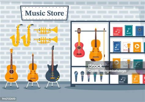 다양한 악기 Cd 카세트 테이프 및 플랫 스타일의 오디오 녹음이 있는 음악 상점 만화 손으로 그린 템플릿 그림 뮤직 스토어에 대한 스톡 벡터 아트 및 기타 이미지 Istock
