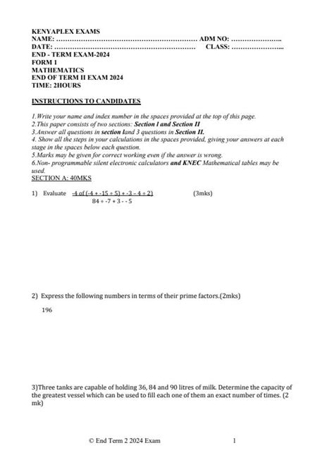 Form 1 Mathematics End Of Term 2 Examination 2024 2788