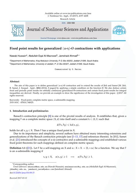 Pdf Fixed Point Results For Generalized α−η−Θ Contractions With
