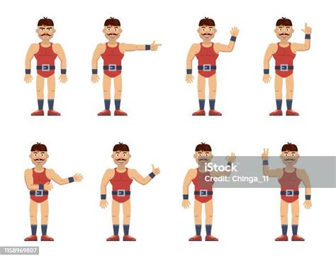 다른 손 제스처를 보여주는 서커스 스트롱맨 캐릭터 세트 엄지 손가락 제스처 인사 흔들기 가리키는 및 기타 손 제스처를 보여주는 쾌활한 레슬링 선수 레슬링 격투기에 대한 스톡