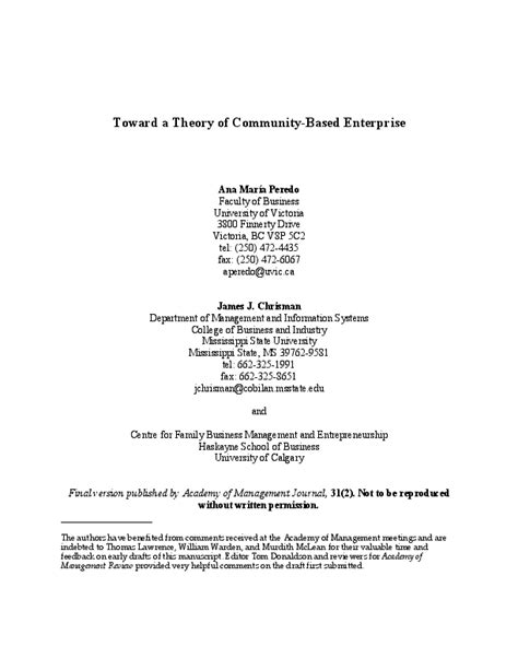 Pdf Toward A Theory Of Community Based Enterprise Ana Maria Peredo