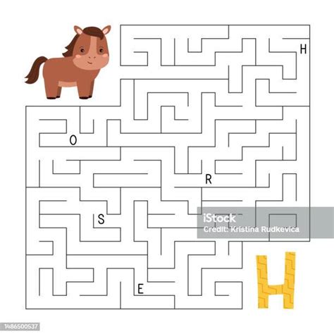 เกมเขาวงกต Abc ปริศนาการศึกษาสําหรับเด็ก เขาวงกตที่มีตัวอักษร ช่วยม้าหาทางที่ถูกต้องไปยังต