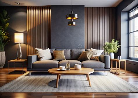 Stylish Minimalist Living Room With Dramatic Black Accent Wall A Tiltshift Perspective On Modern