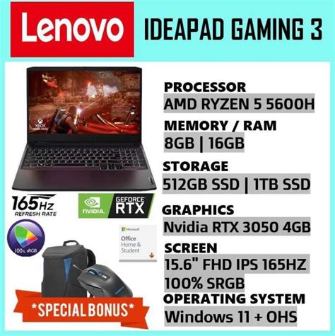 Jual Lenovo Ideapad Gaming 3 Amd Ryzen 5 5600h Nvidia Rtx 3050 Shadow Black Di Seller Knkbec1
