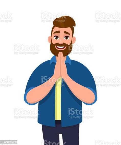 젊은 수염 남자는 함께 손을기도 기도에 손바닥을 들고 힙스터 트렌디 한 사람 남성 캐릭터 일러스트레이션 인간의 감정 신체 언어 벡터 만화 스타일의 현대 라이프 스타일 개념
