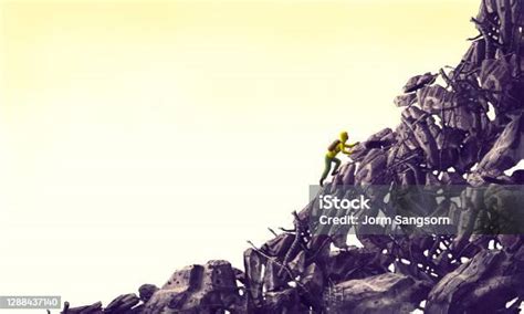 초현실적 인 예술 희망 꿈 믿음 야망 전쟁과 성공 개념 작품 깨진 건물에 등반 남자 그림 일러스트 상상력 변경에 대한 스톡 벡터