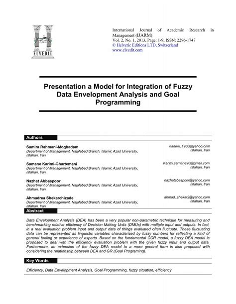 Presentation A Model For Integration Of Fuzzy Data Envelopment Analysis