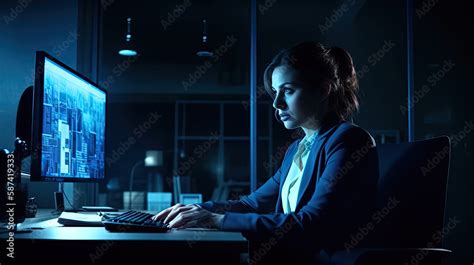 Blue Coding A Woman Programming Neural Network Algorithm In A Cool Hue Scene Generative AI