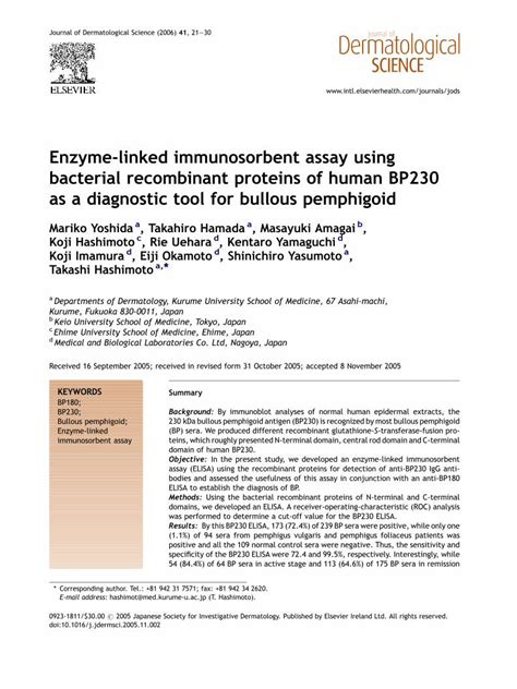Pdf Enzyme Linked Immunosorbent Assay Using Bacterial Recombinant Proteins Of Human Bp230 As A