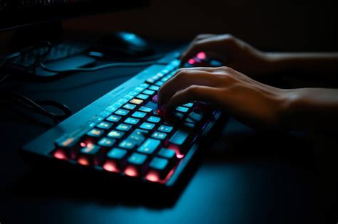 Premium Ai Image A Person Typing On A Keyboard With A Lit Up Keyboard In A Dark Room