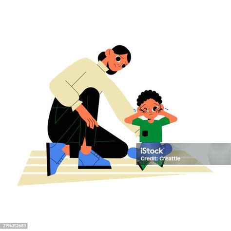 바닥에 앉아있는 소년을 위로하는 여자 평면 벡터 일러스트 레이 션 지원 공감 정서적 보살핌을 상징하는 평면 벡터 일러스트 레이 션 흰색 배경에 고립 된 가족에 대한 스톡
