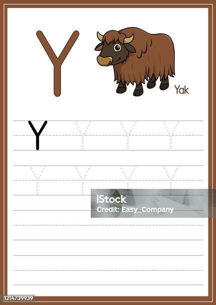 A4 용지 크기에 연습 Abc를 추적 하는 학습 을 배우는 아이 들을 위한 알파벳 문자 Y 대문자와 야크의 벡터 그림 인쇄 준비 0명에 대한 스톡 벡터 아트 및 기타 이미지