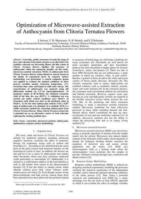 Pdf Optimization Of Microwave Assisted Extraction Of Anthocyanin From Clitoria Ternatea Flowers