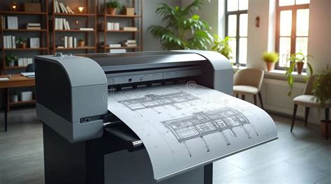 Sleek Modern Office Featuring Large Format Printer Printing Architectural Plans Stock