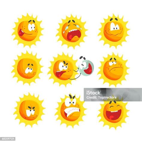 귀여운 만화 태양 다양한 이모티콘 감정적인 얼굴 세트 의 다채로운 문자 벡터 일러스트 귀여운에 대한 스톡 벡터 아트 및 기타