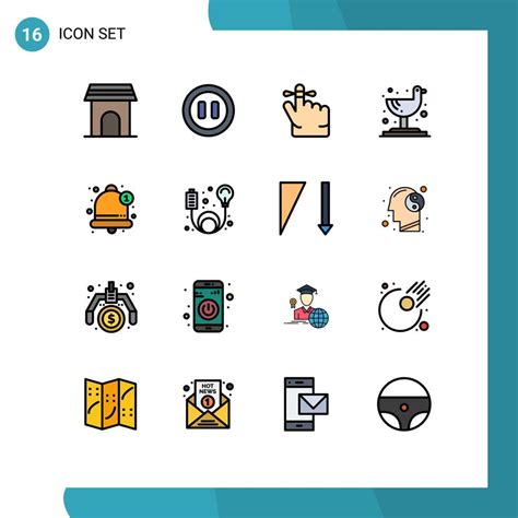Group Of 16 Flat Color Filled Lines Signs And Symbols For Alarm Bell Finger Alert Seagull