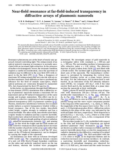 Pdf Near Field Resonance At Far Field Induced Transparency In Diffractive Arrays Of Plasmonic