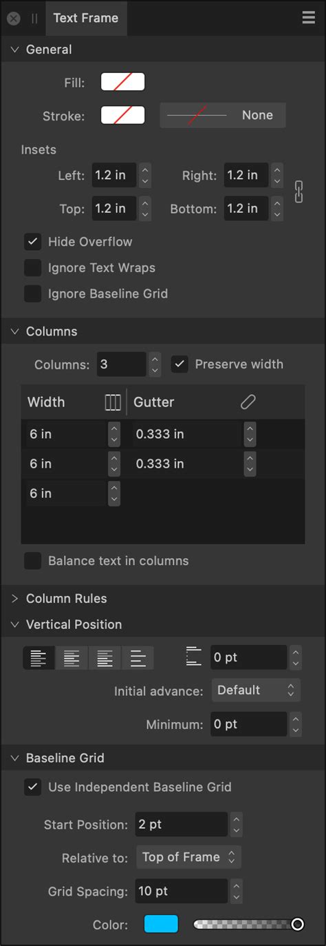 text frame panel
