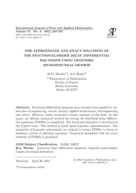 Pdf The Approximate And Exact Solutions Of The Fractional Order Delay Differential Equations