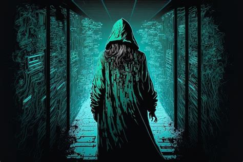 Premium AI Image Cloaked Female Hacker Entering Corporate Data Servers From His Underground
