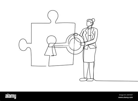 continuous one line drawing businesswoman put key into puzzle piece