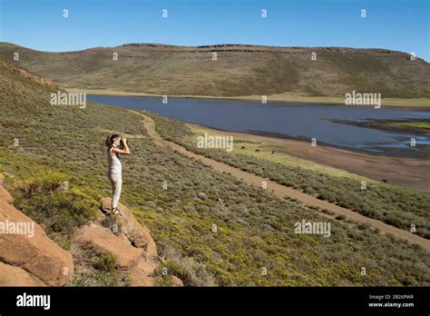 Hiker Overlooking Letseng La Letsie Ramsar Wetland Lesotho Stock