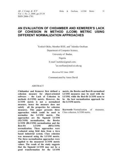 An Evaluation Of Chidamber And Kemerers Lack Of Cohesion In Method