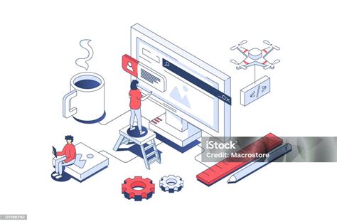 3d 아이소메트릭 디자인으로 개념을 만드는 웹사이트 개발자는 프로토타이핑 및 코딩 페이지 레이아웃 및 홈페이지 사용자 인터페이스 디자인 웹 그래픽을 위한 아이소메트리 사람