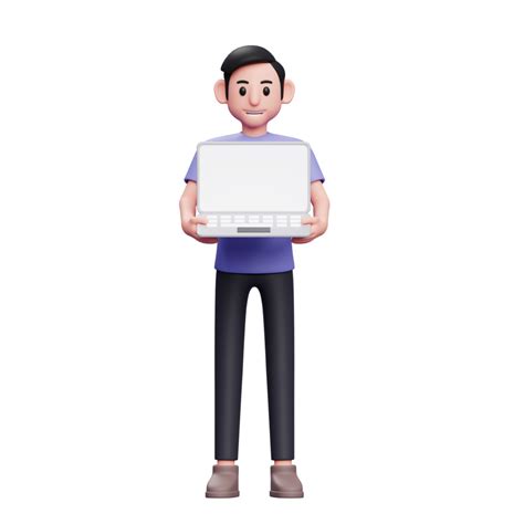 man standing holding laptop with both hands 3d render character
