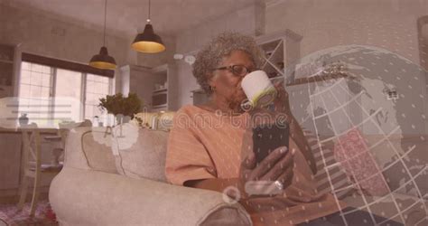 Image Of Ai Data Processing Over Biracial Woman Using Smartphone Stock