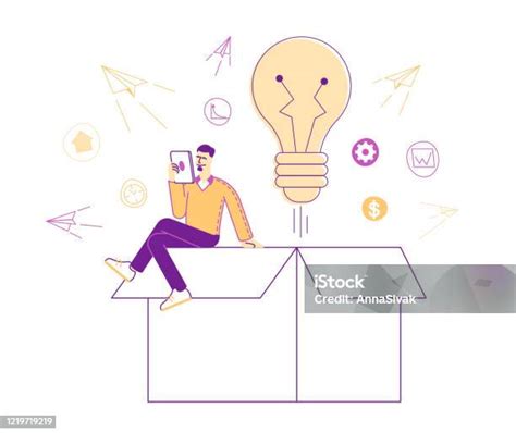 빛나는 전구와 패키지에서 비행 종이 비행기와 거대한 판지 상자에 앉아 태블릿 Pc와 작은 남성 캐릭터 마음의 한계를 떠나 꿈