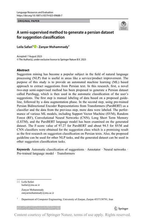 A Semi Supervised Method To Generate A Persian Dataset For Suggestion Classification Request Pdf