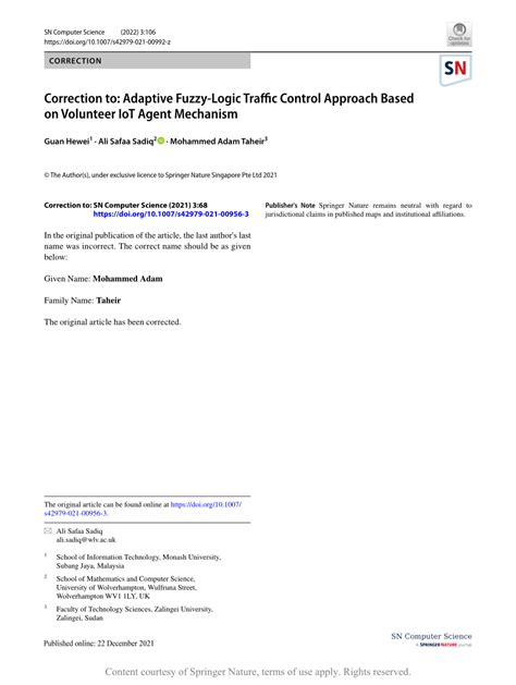 Correction To Adaptive Fuzzy Logic Traffic Control Approach Based On Volunteer Iot Agent