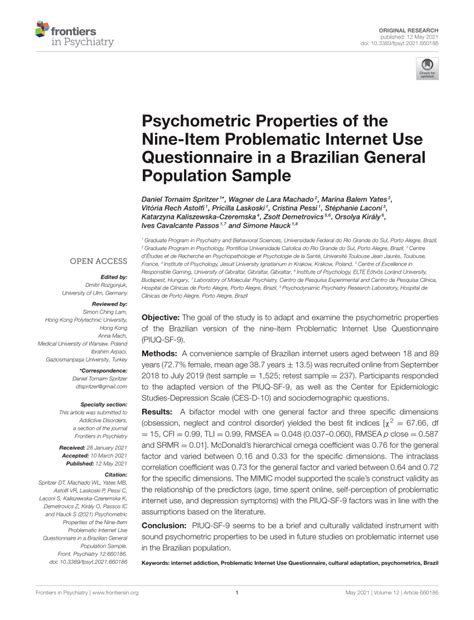 Pdf Psychometric Properties Of The Nine Item Problematic Internet Use Questionnaire In A