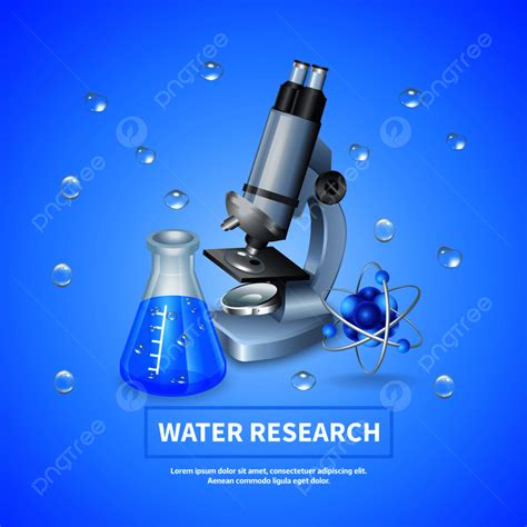 물 연구 파란색 배경 물방울 현미경 화학 실험실 장비 및 원자 구조 현실적인 아이콘 벡터 일러스트 포스터 템플릿 Psd 다운로드 디자인 자료 다운로드